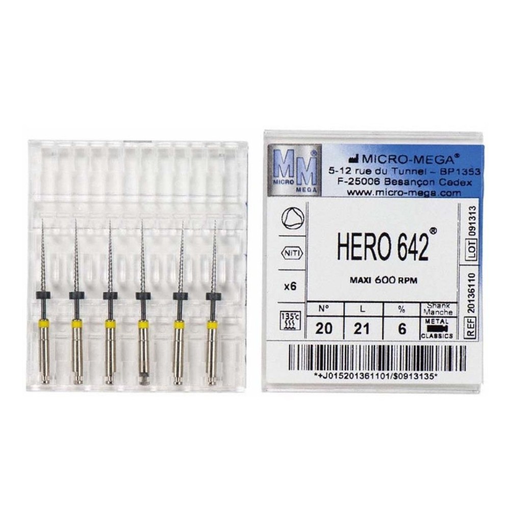 Limas NiTi Hero 642 L 21 mm Conicidad 06 caja 6 uds MicroMega Coltène
