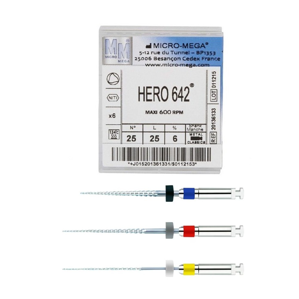 Limas NiTi Hero 642 Conicidad 06 L25mm caja 6 uds MicroMega Coltène